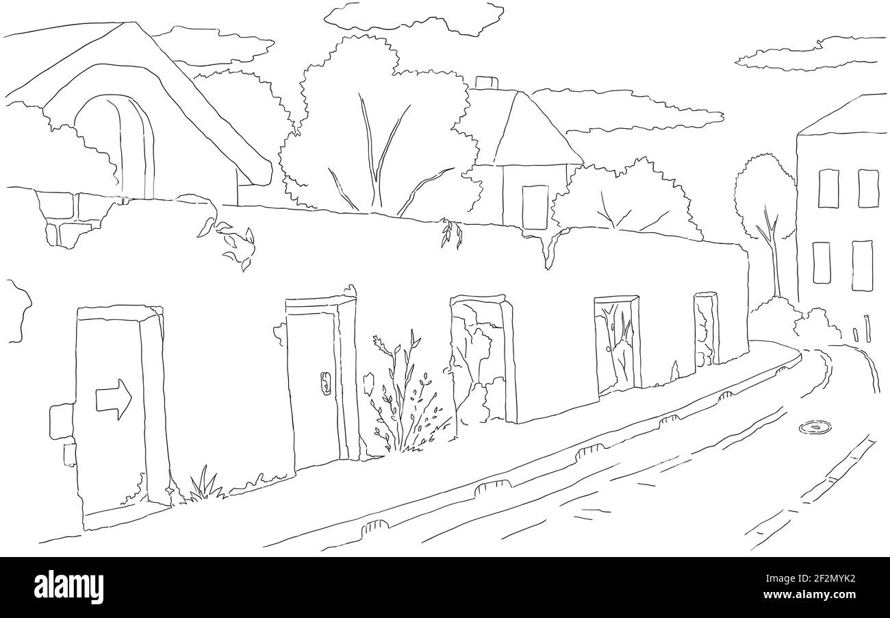 Street empty long wall scene line drawing background, vector ...