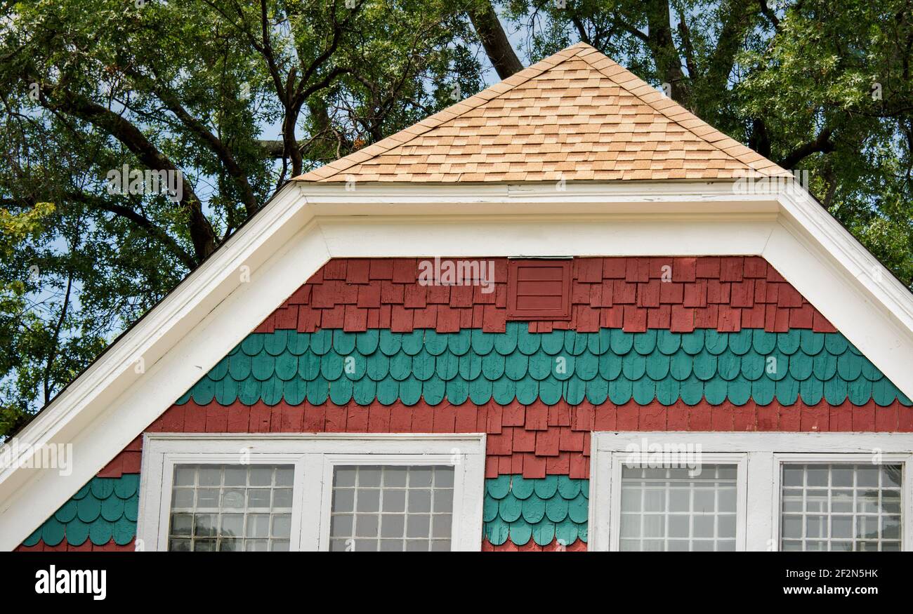 Historic polychrome decorative shingle pattern on a New England house ...