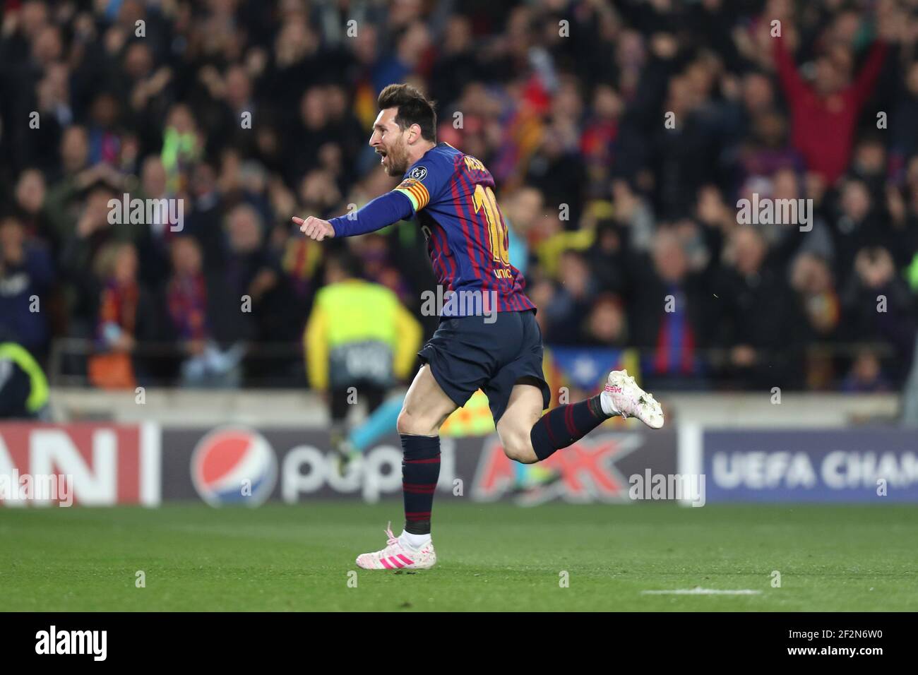 Lionel Messi of FC Barcelona celebrates after scoring his side's second ...