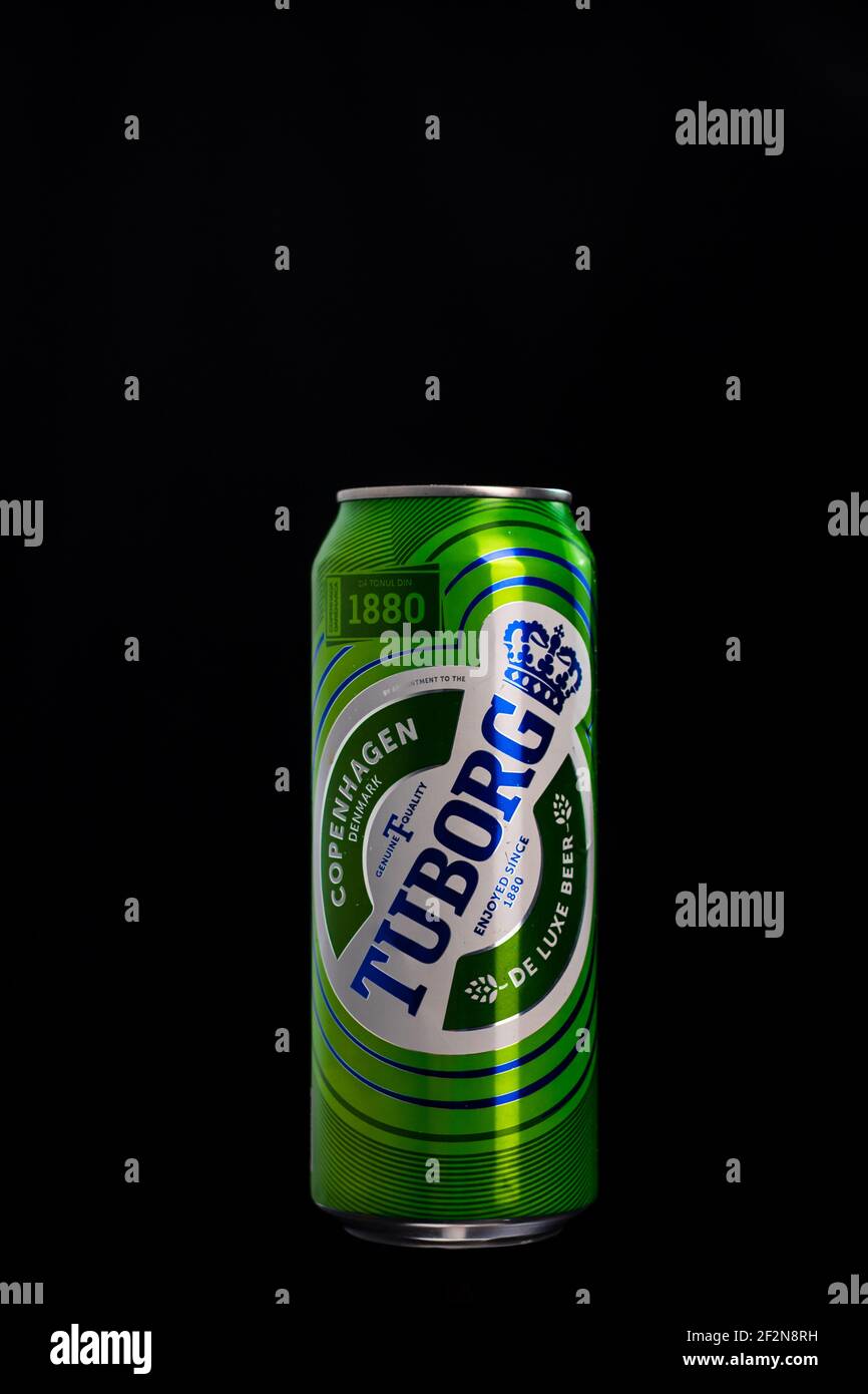 Tuborg beer can isolated on black background. Bucharest, Romania, 2020 ...