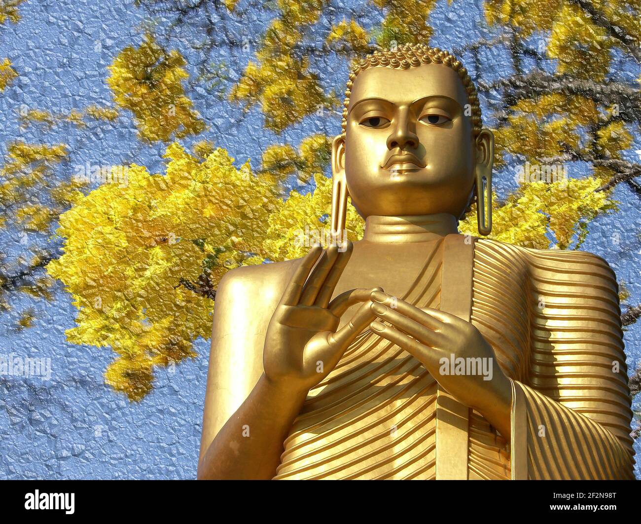 A large sculpture of a Buddha bright yellow color of gold, Sri Lanka ...