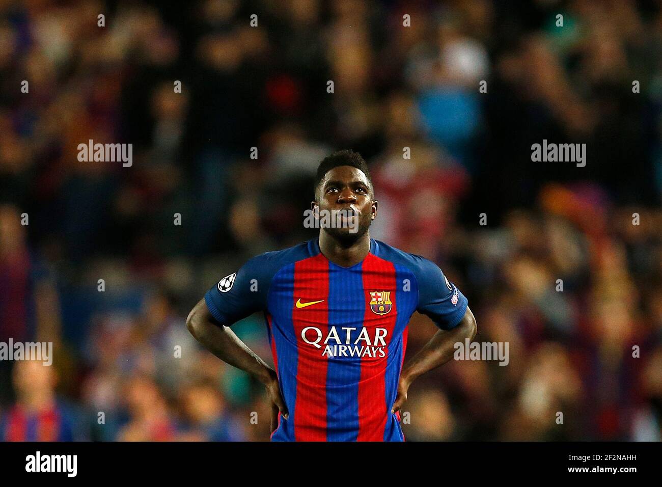 Barcelona's French defender Samuel Umtiti reacts during the UEFA ...