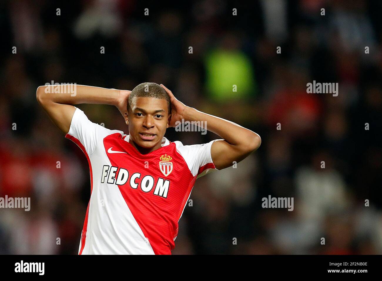 Monaco's French forward Kylian Mbappe Lottin gestures during the UEFA ...