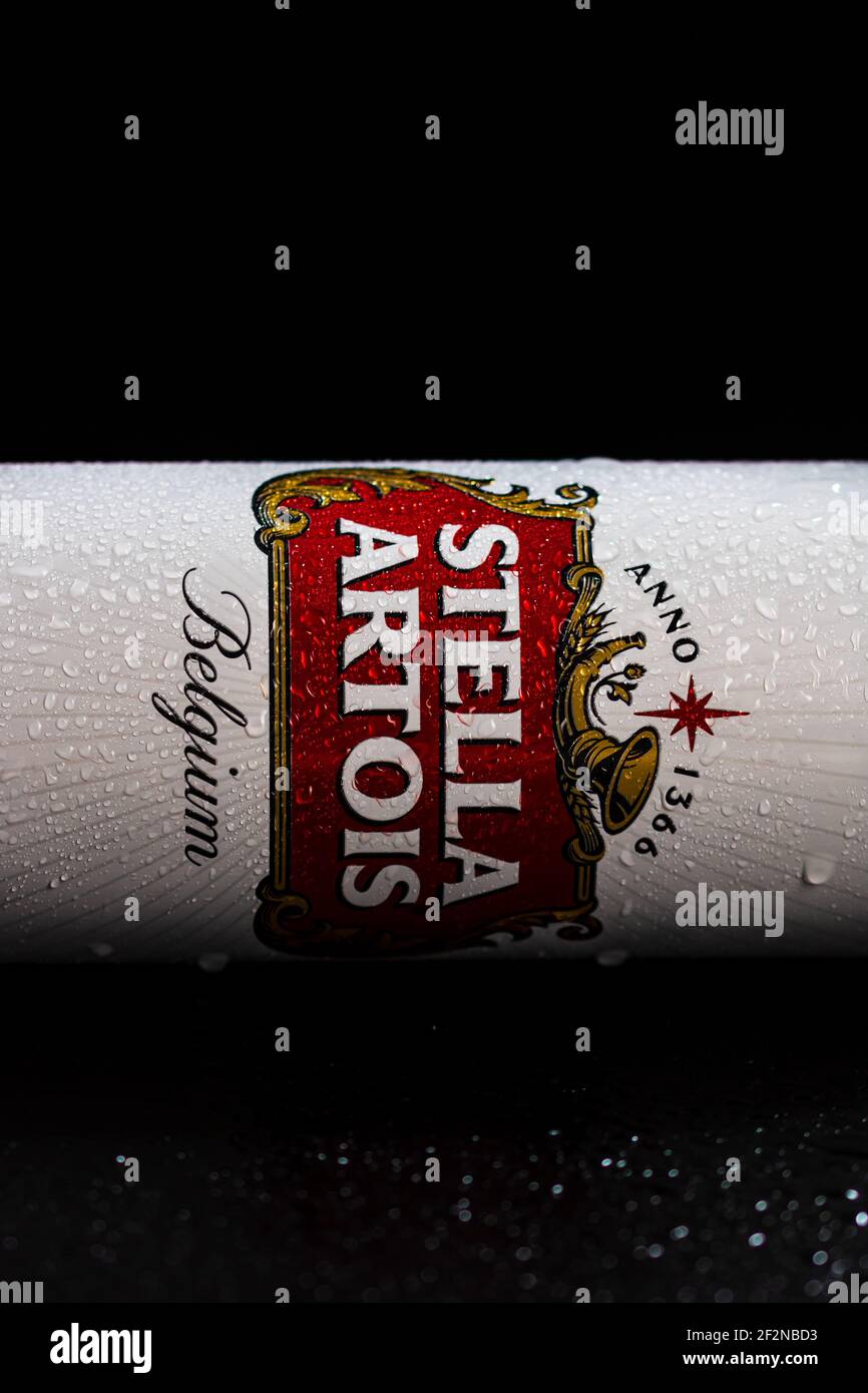 Condensation water droplets on Stella Artois beer can isolated on black ...