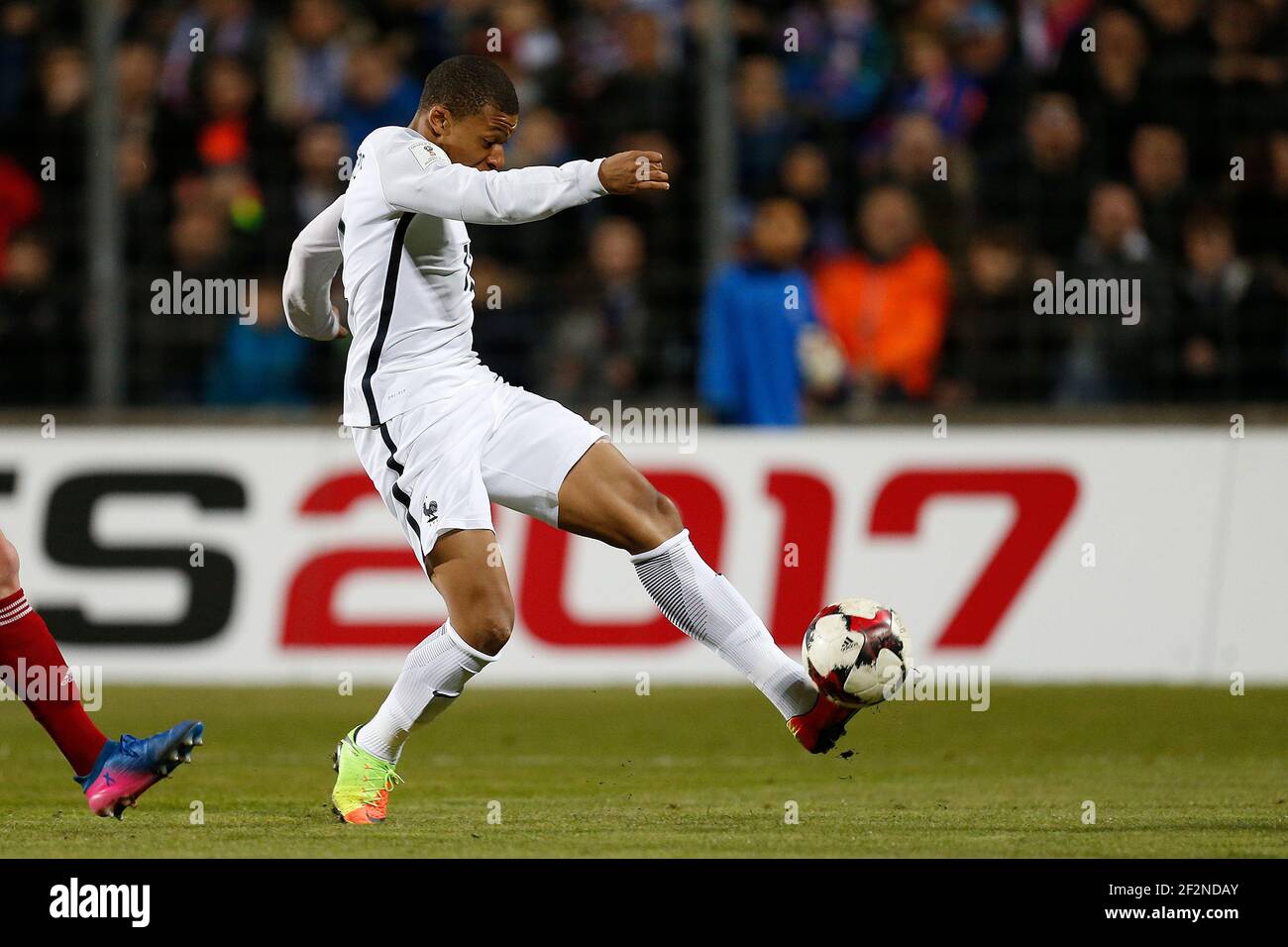 France's forward Kylian Mbappe kicks the ball during the FIFA World Cup ...