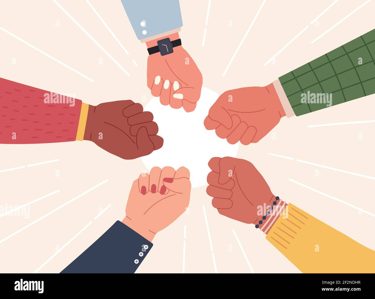 Raised fists. Successful team hands up to celebrate win. Diverse ...