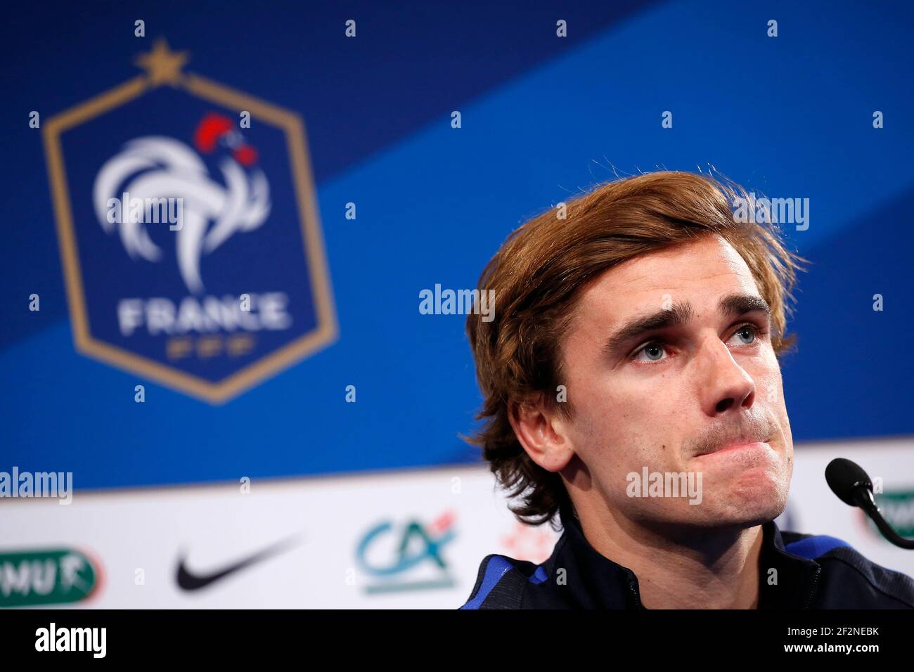 France's forward Antoine Griezmann delivers a speech during the Press ...