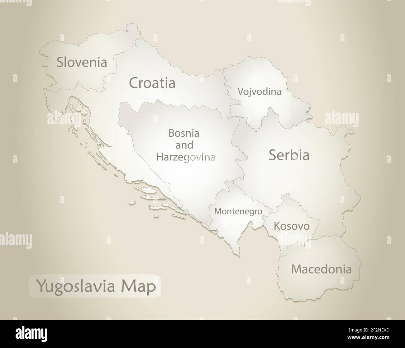 Yugoslavia map, administrative division with names, old paper ...