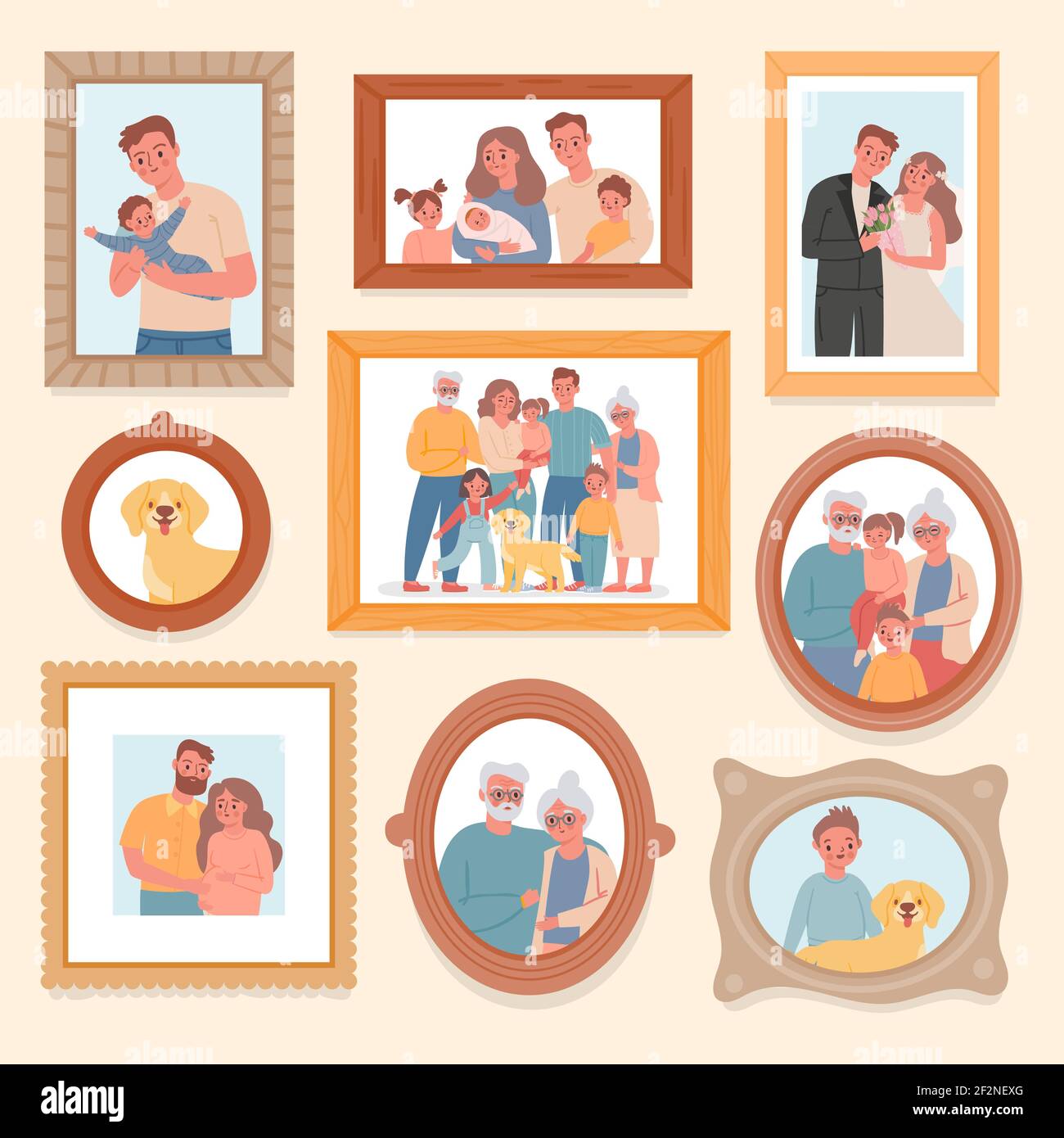 Family photos. Parents and kids portrait in frames. Memory pictures ...