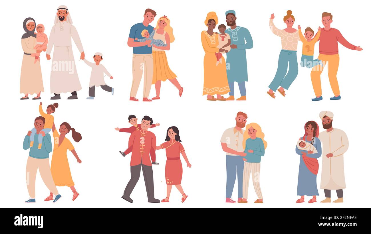 Families of different nationalities. Parents and children wearing ...