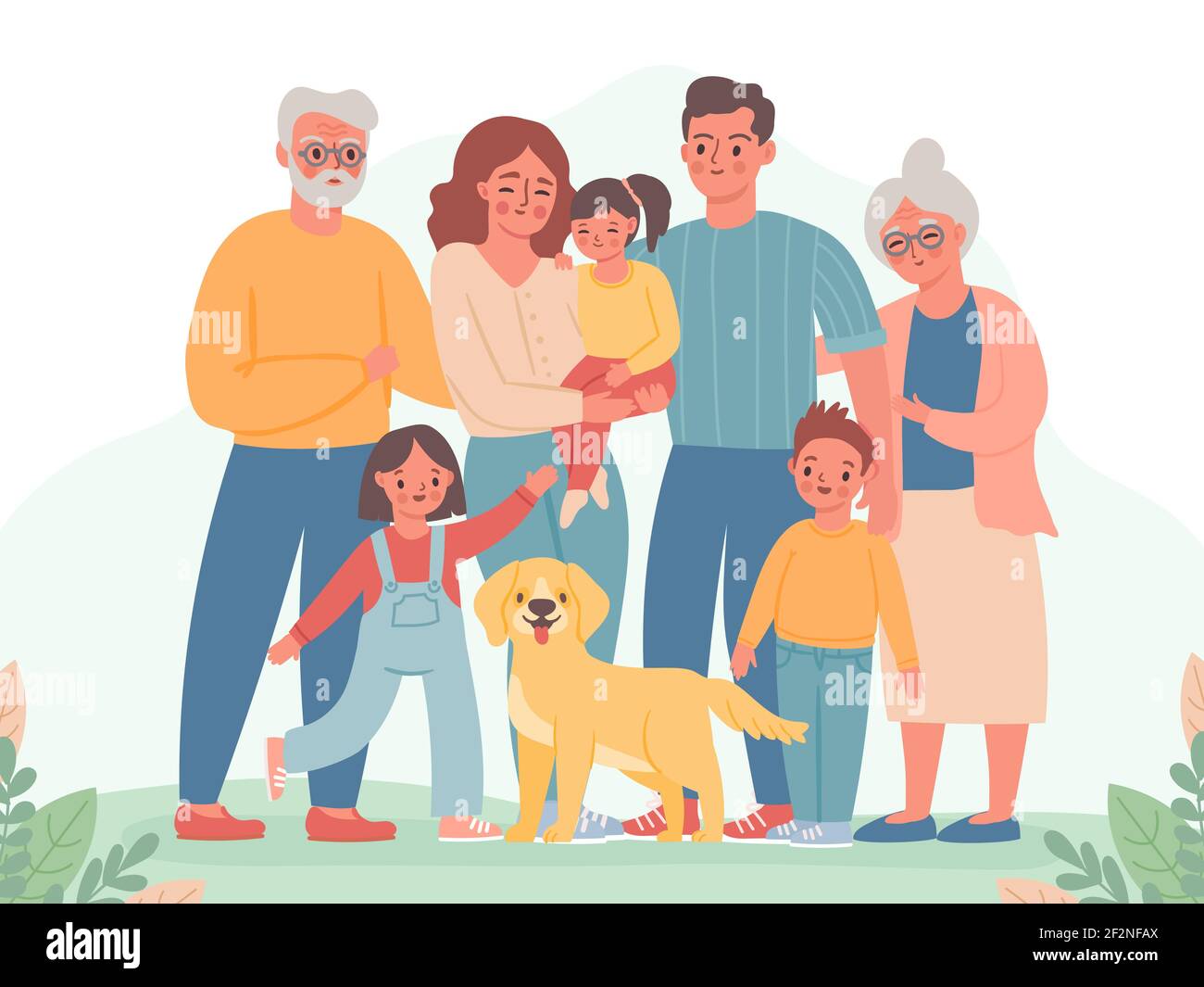 Big family. Happy parents, children, grandma and grandpa. Smiling dad ...