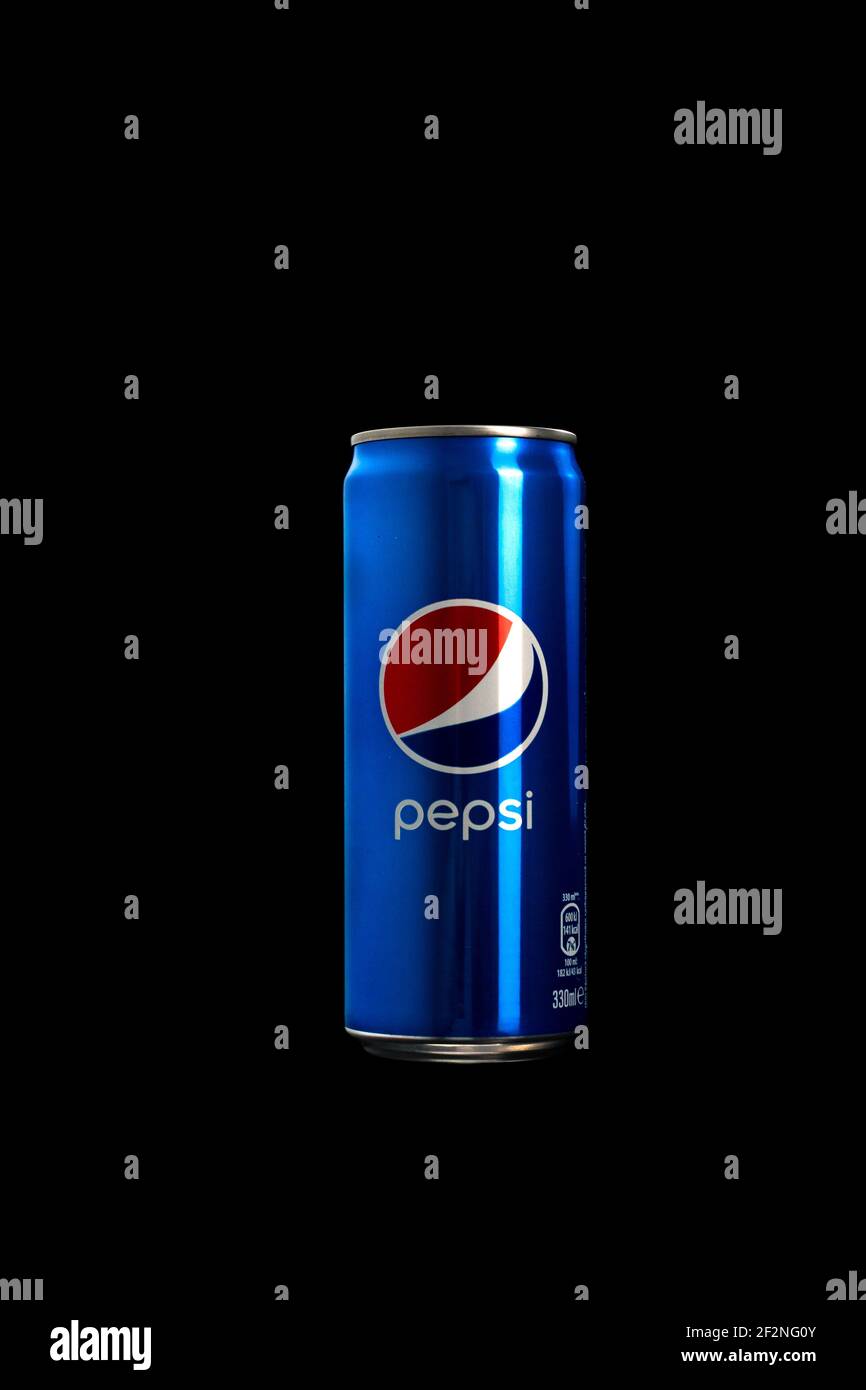 Editorial photo of classic Pepsi can on black background. Studio shot ...
