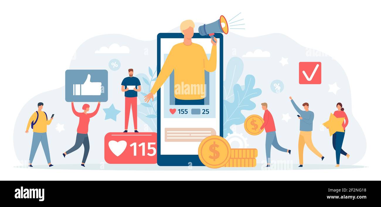 Referral program. Man with megaphone on phone screen invite friends and ...