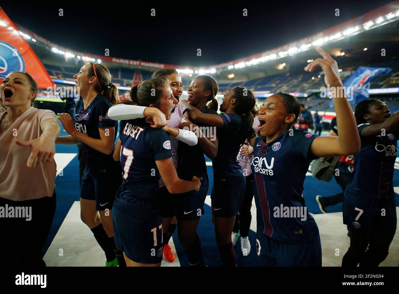 Paris Saint Germain players celebrate in front of fans during the UEFA ...