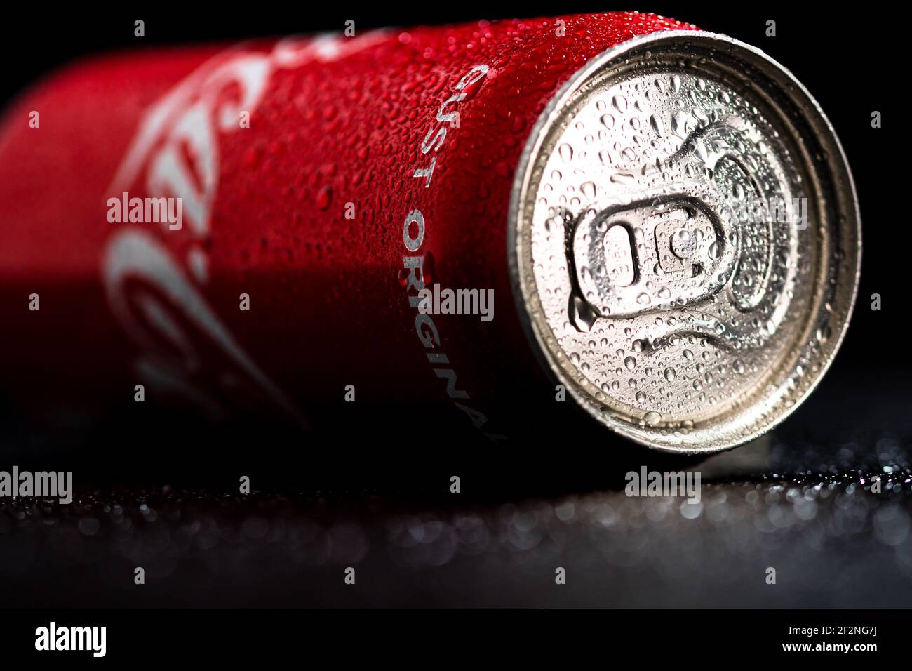Water droplets on classic Coca-Cola can on black background. Studio ...