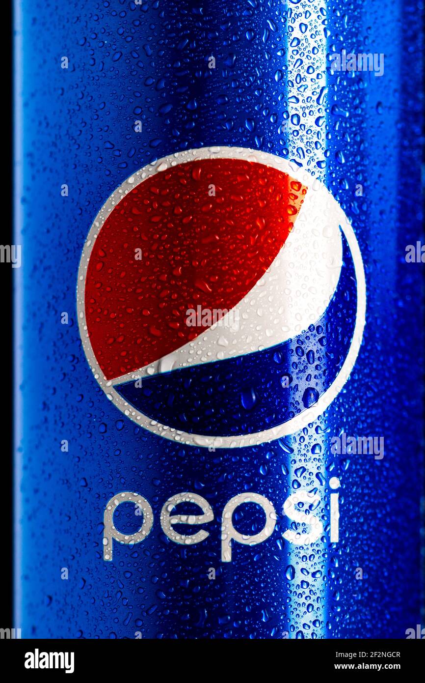 Detail of classic Pepsi can on black background. Studio shot in ...