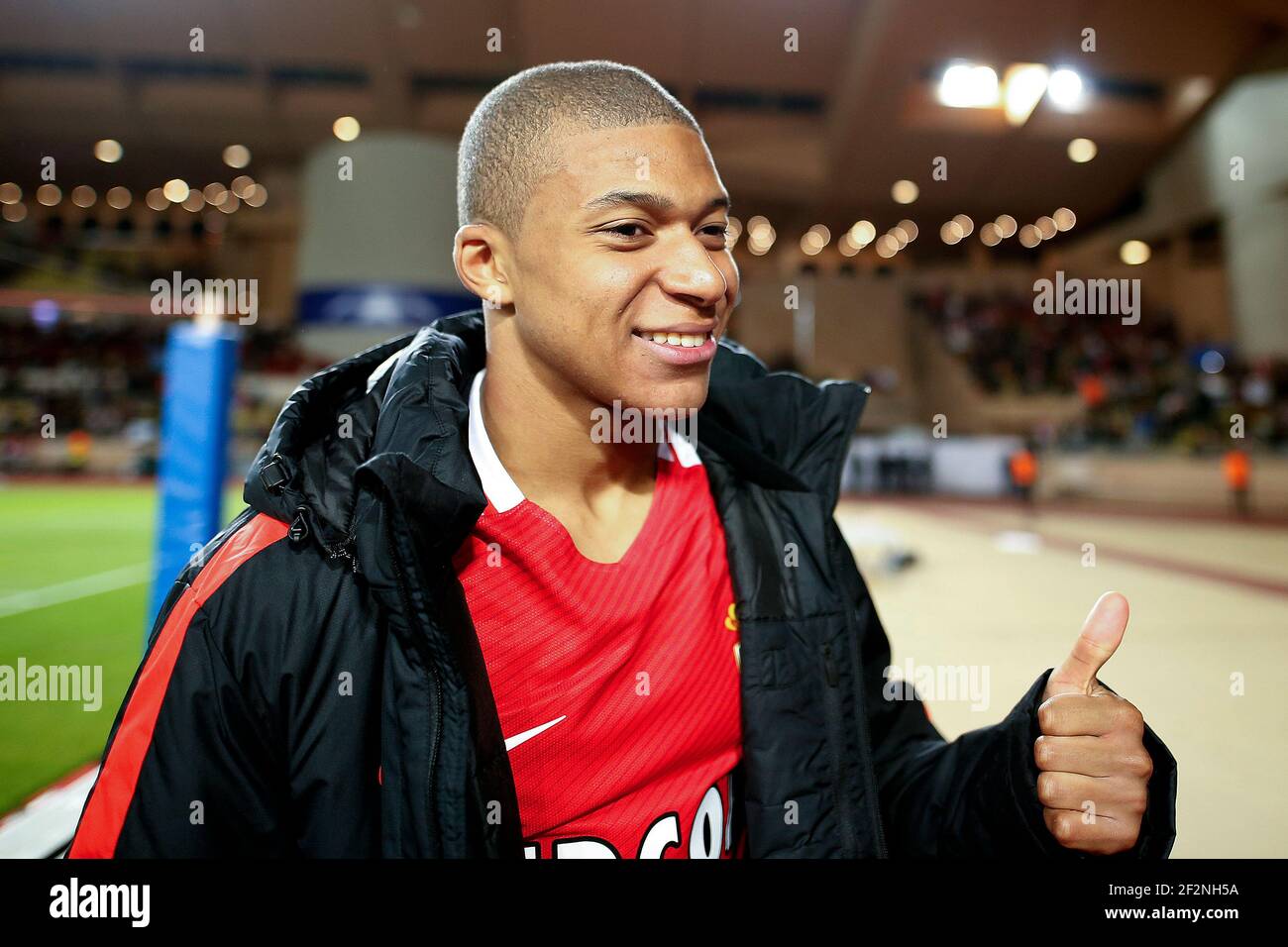Monaco's French forward Kylian Mbappe Lottin gestures during the UEFA ...