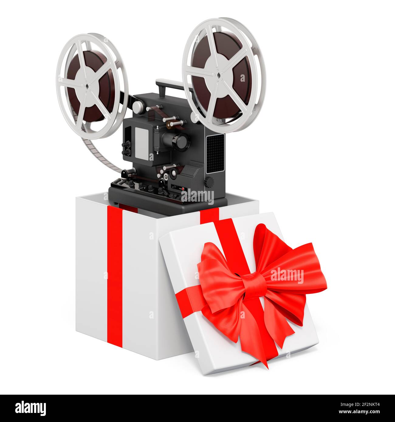 Film projector inside gift box, present concept. 3D rendering isolated ...