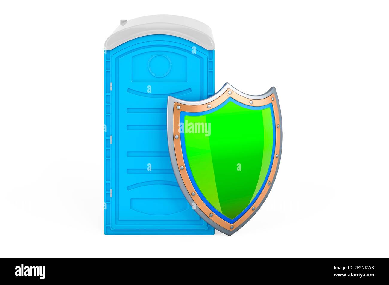 Mobile portable blue plastic toilet with shield, 3D rendering isolated ...