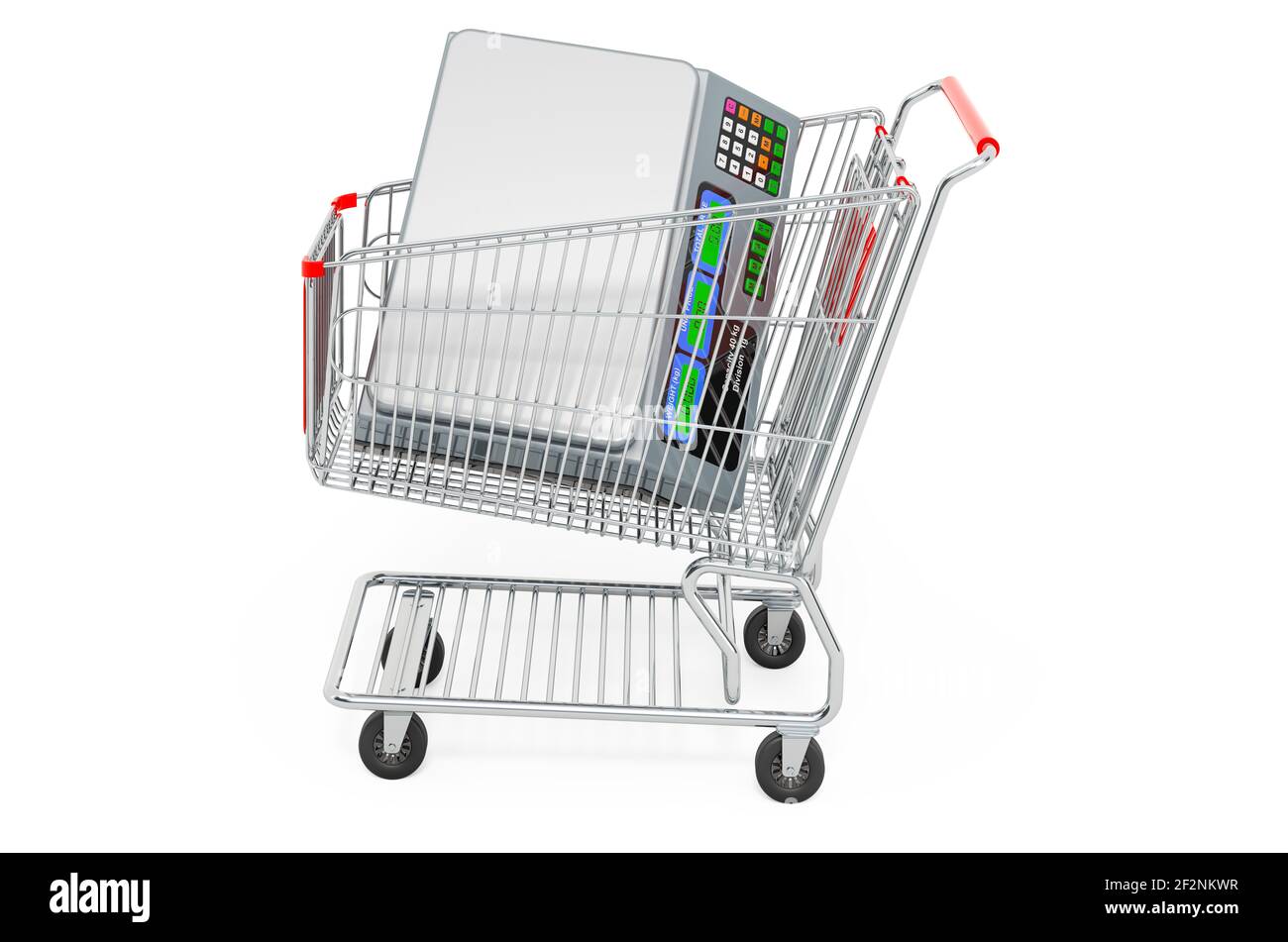 Shopping cart with price computing scale. 3D rendering isolated on ...