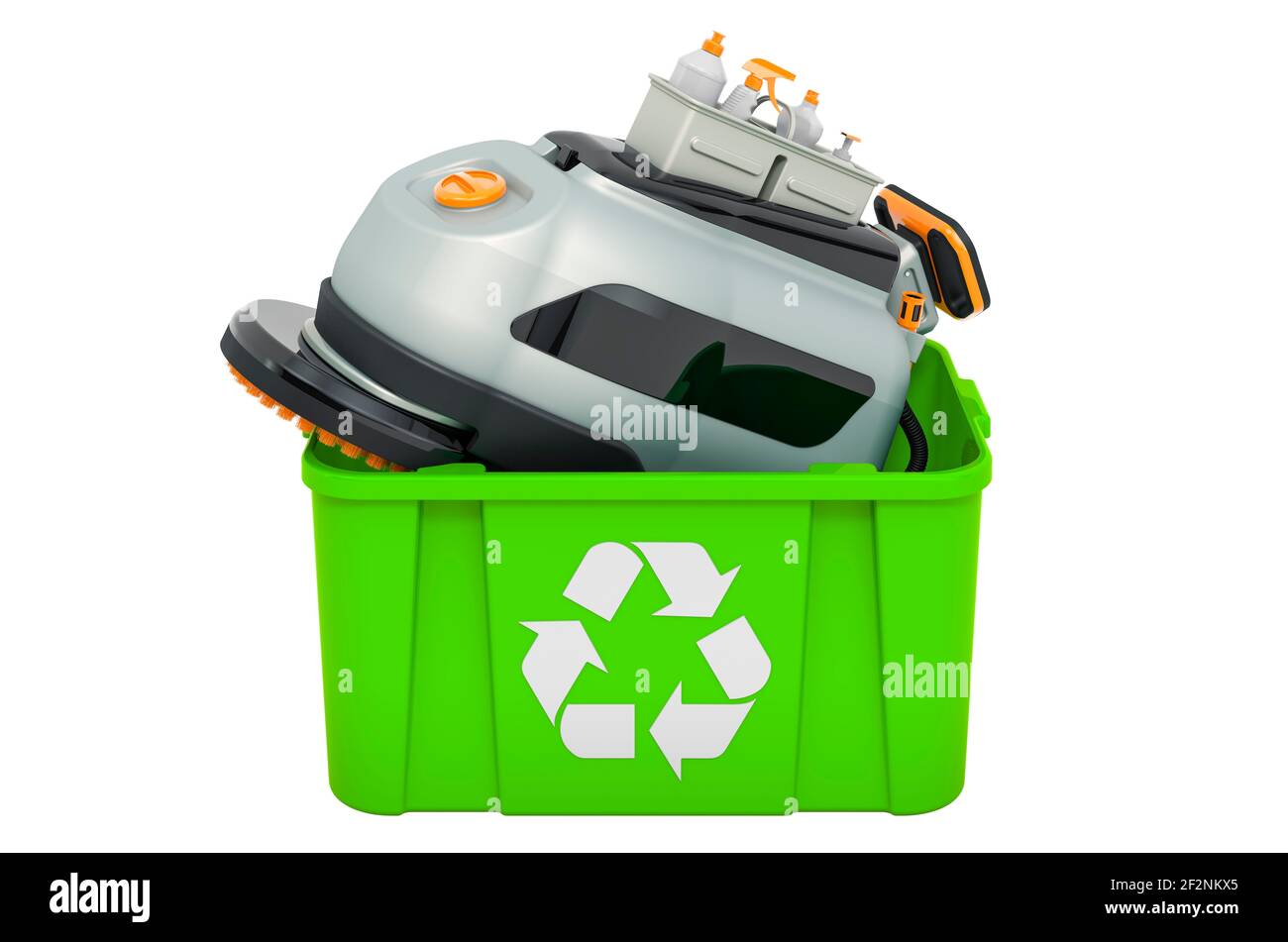 Recycling trashcan with floor scrubber dryer, 3D rendering isolated on ...