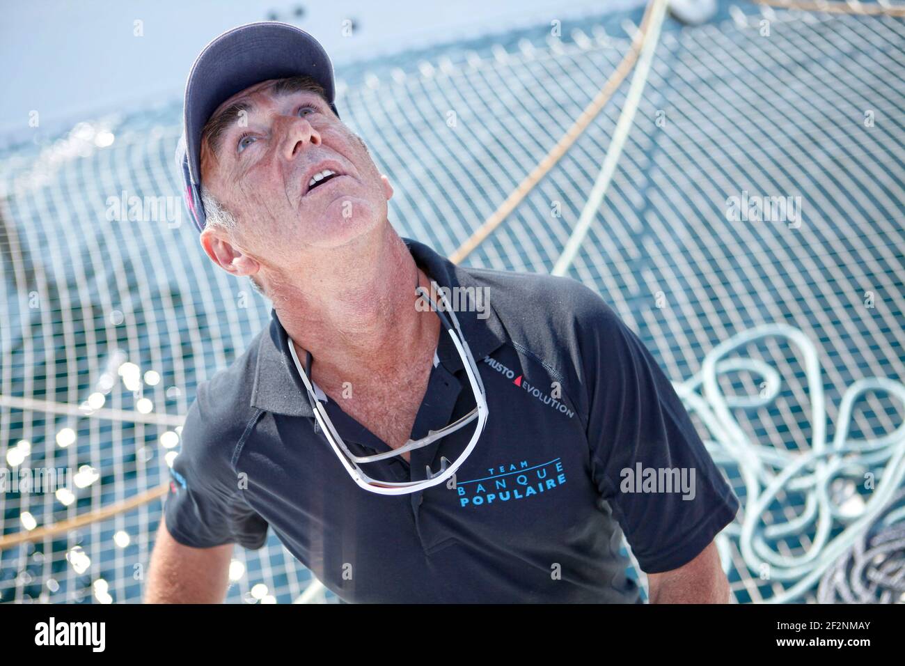 Loick Peyron onboard the Maxi Trimaran Solo Banque Populaire VII in ...