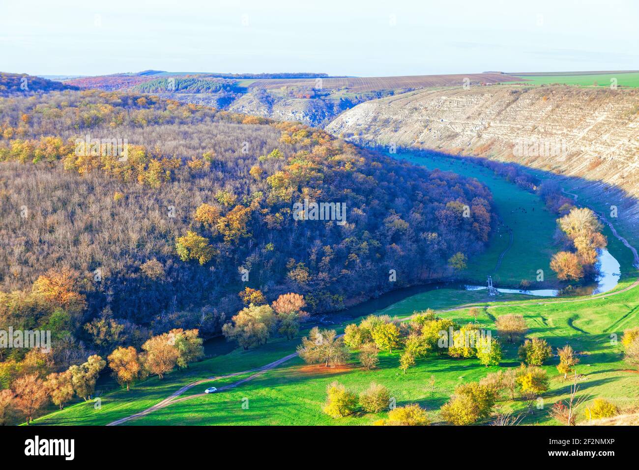 Panorama of hills surroundings . Aerial view of riverside valley Stock ...