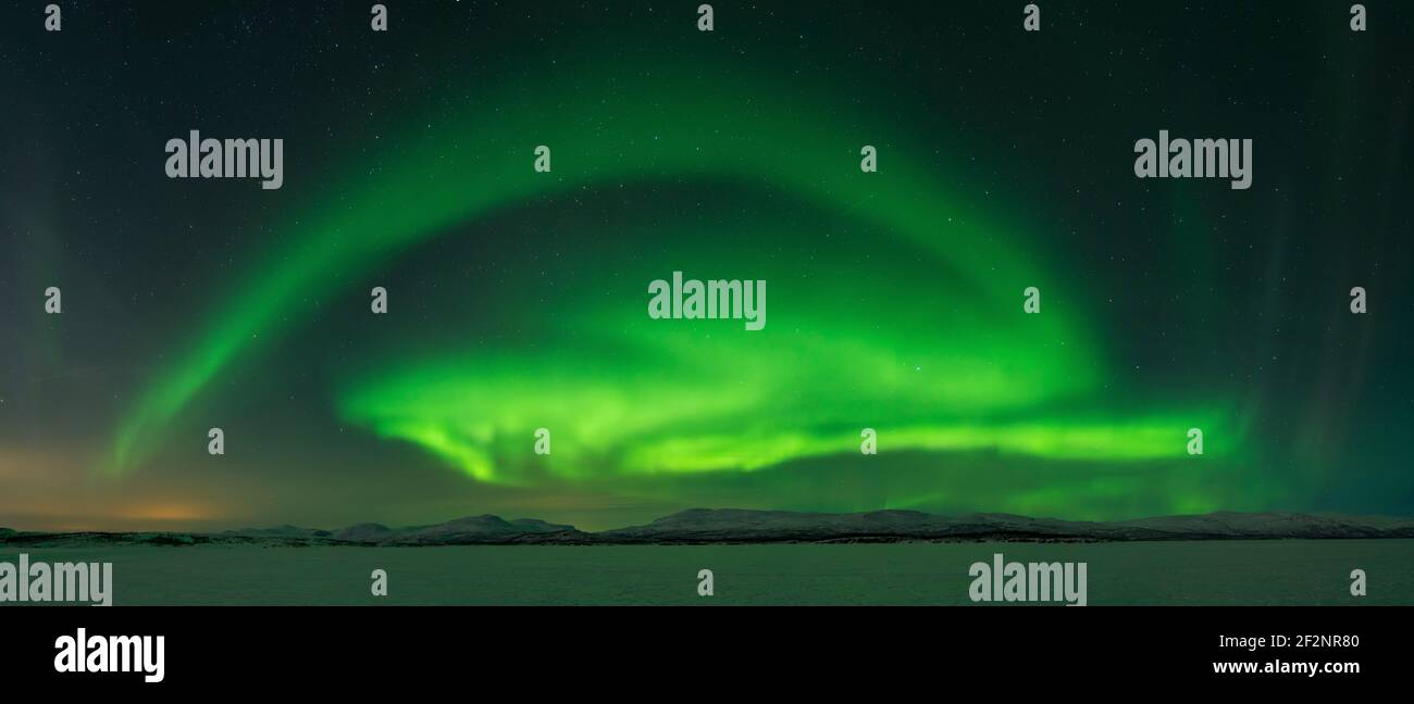 Panorama, Scandinavia, mountain landscape, aurora vortex Stock Photo ...