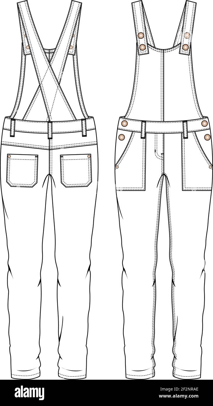 Girls Overall Fashion Flat Sketch Template Women Woven Jumpsuit