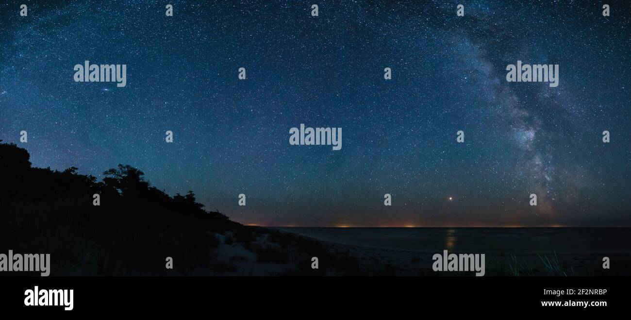 Panorama, Europe, Denmark, Bornholm, night shot, Baltic Sea, starry sky, Milky Way, Mars ...