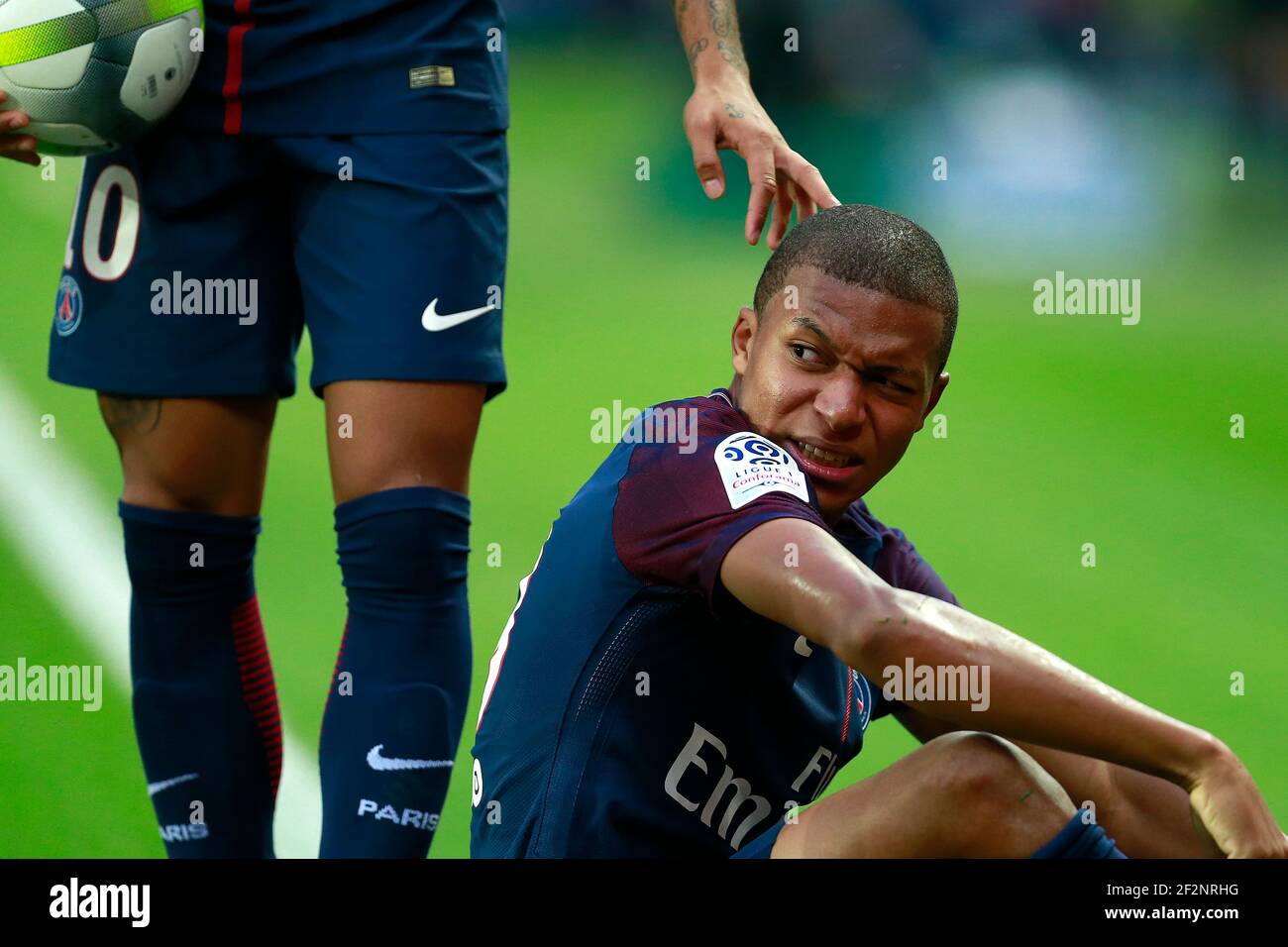 Paris Saint Germain's French forward Kylian Mbappe reacts during the ...