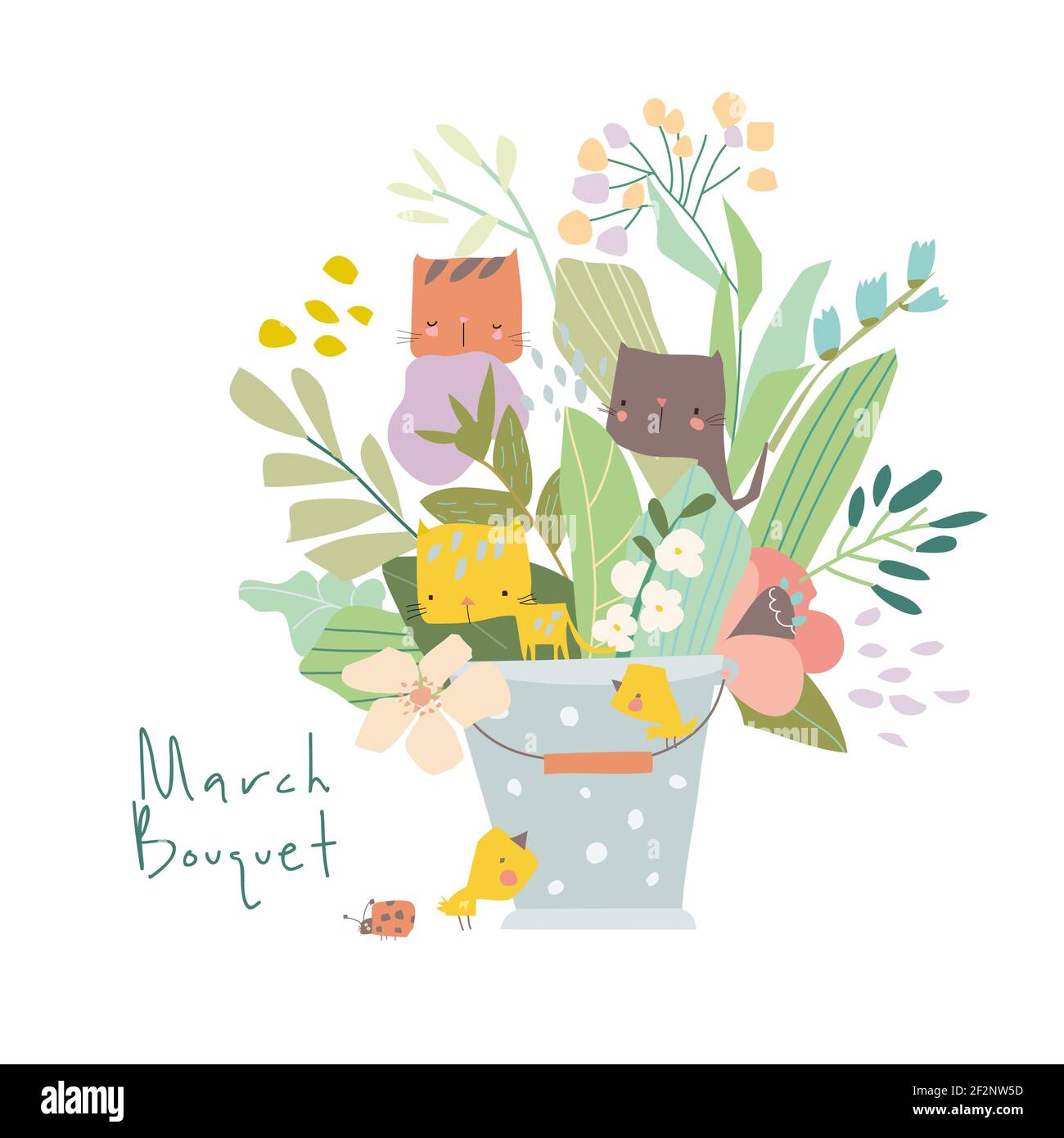 Cartoon beautiful spring bouquet with funny cats Stock Vector Image ...