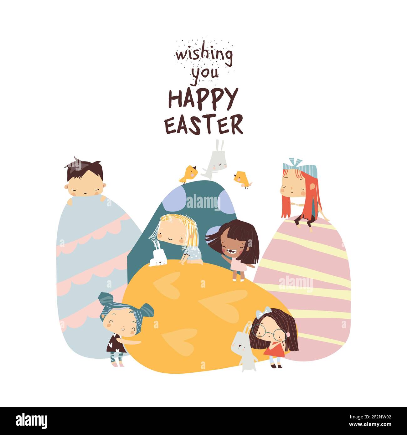 Cartoon Easter illustration with little children and Easter eggs Stock ...