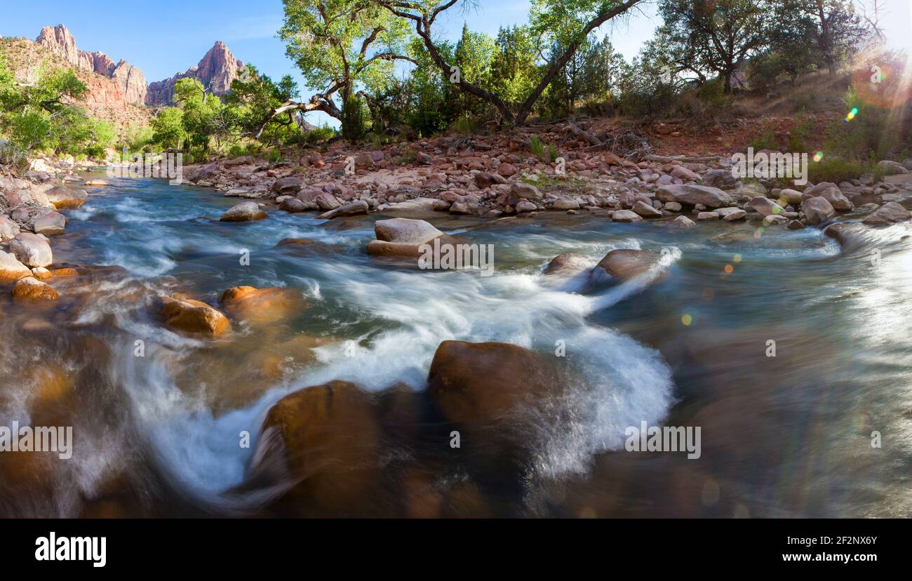 Panorama, USA, Zion National Park, Watchman and Virgin River, moving ...