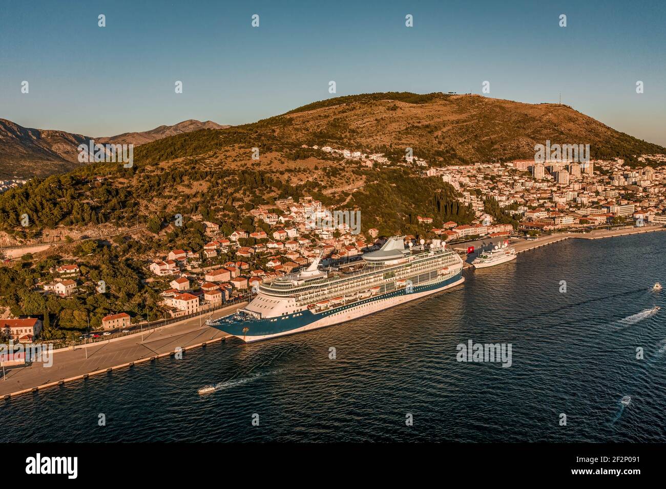 Aerial drone shot of cruise ship at Port Gruz in Dubrovnik in Croatia ...