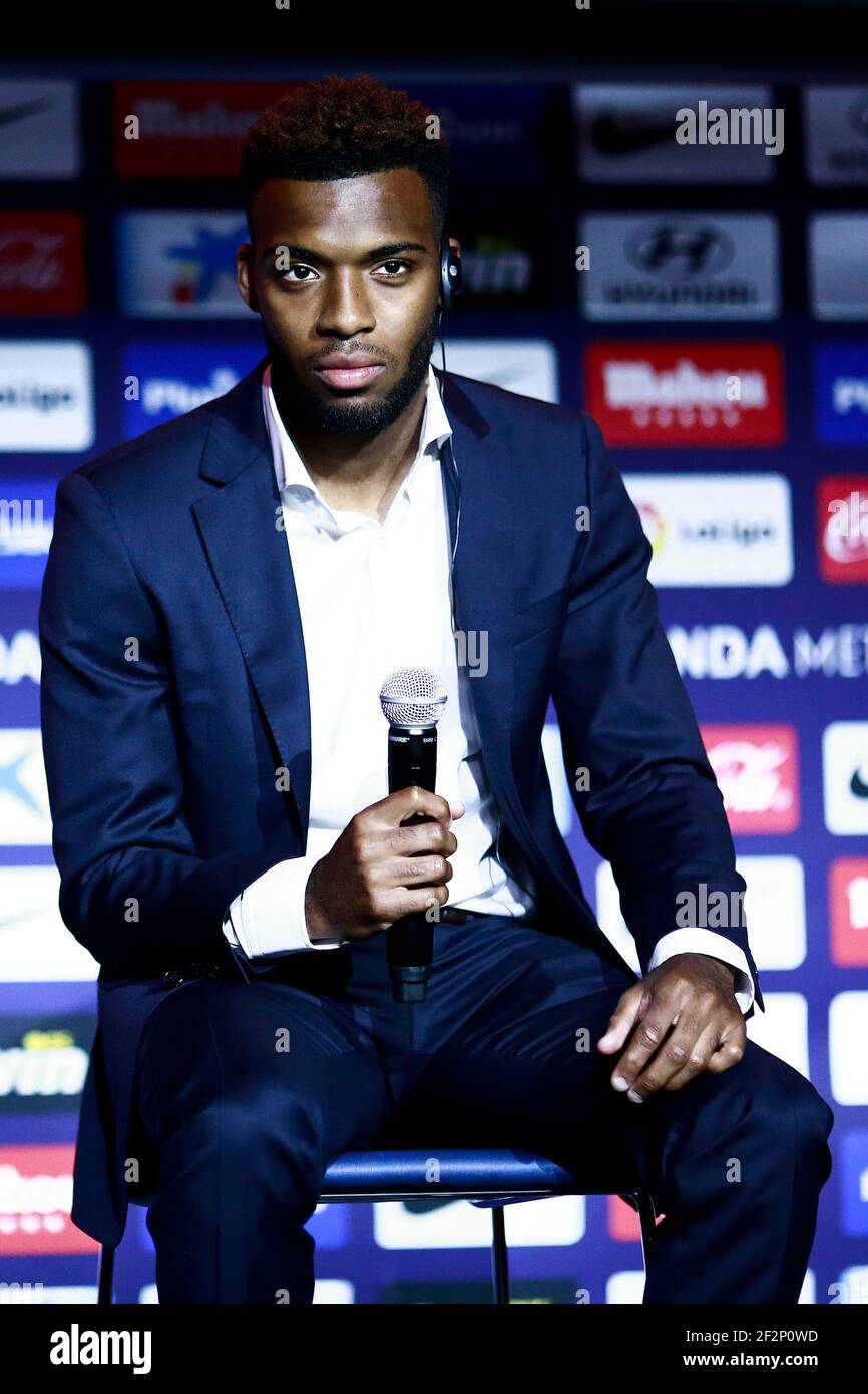 Atletico Madrid's new French midfielder Thomas Lemar delivers a speech ...