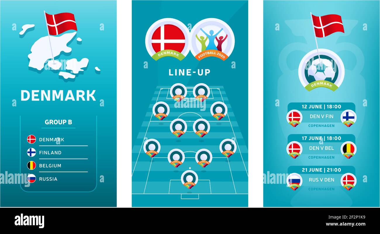 European 2020 football vertical banner set for social media. Denmark ...