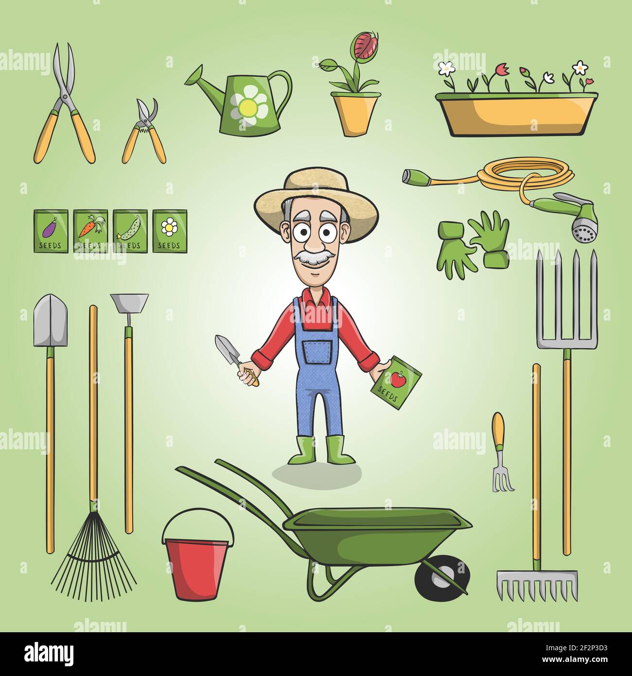 Happy gardener cartoon character in hat with plants seeds and tools set ...