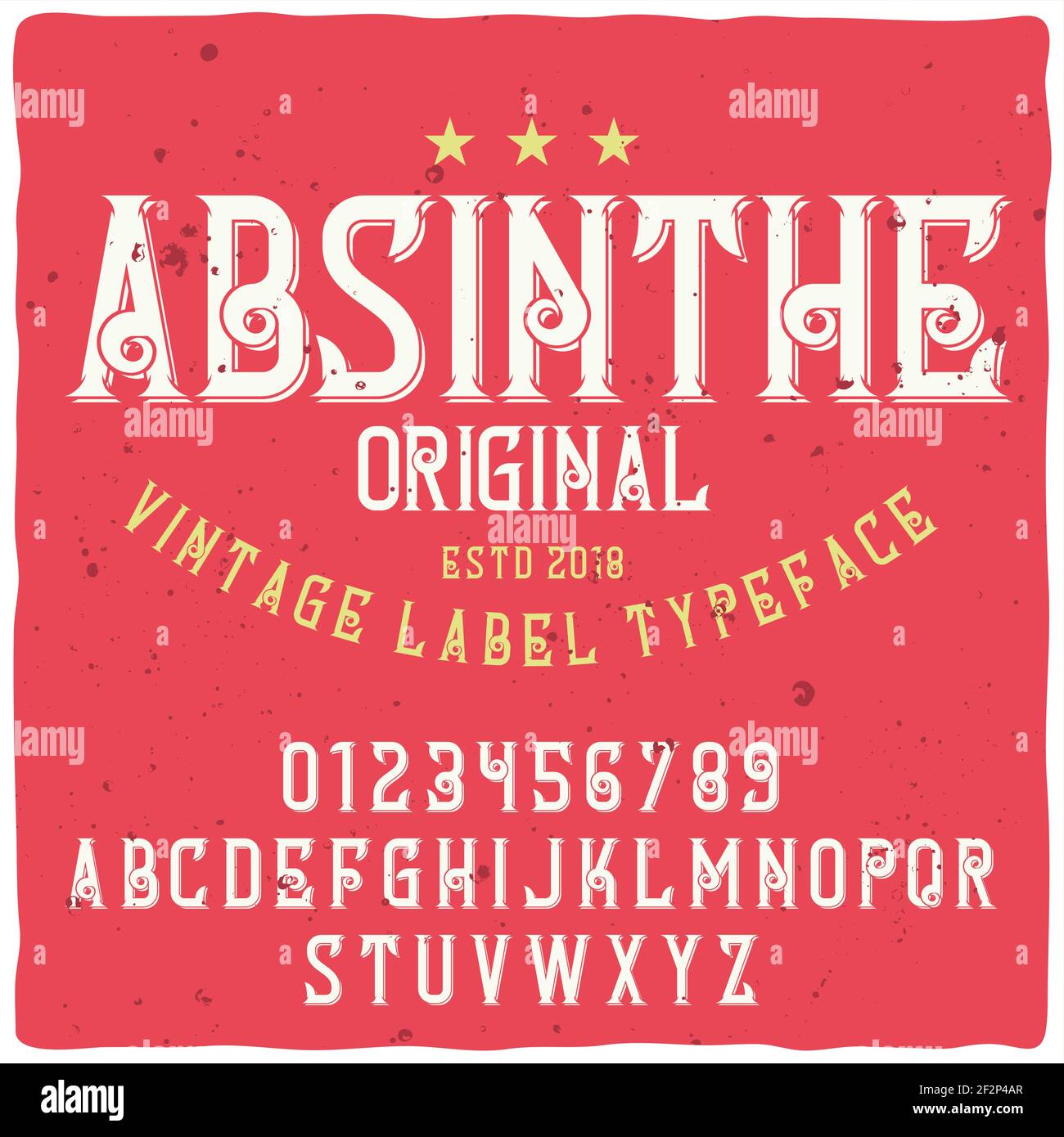 Absinthe alphabet font and sample label design with decoration ...