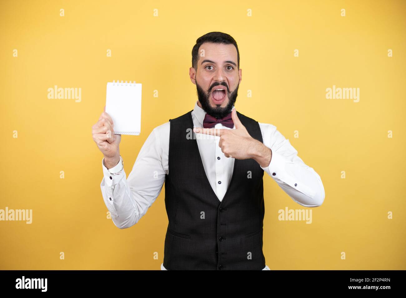 Young man with beard wearing bow tie and vest smiling and showing blank ...
