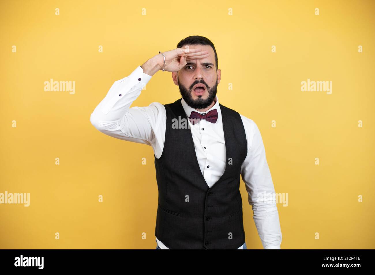 Young man with beard wearing bow tie and vest very happy and smiling ...