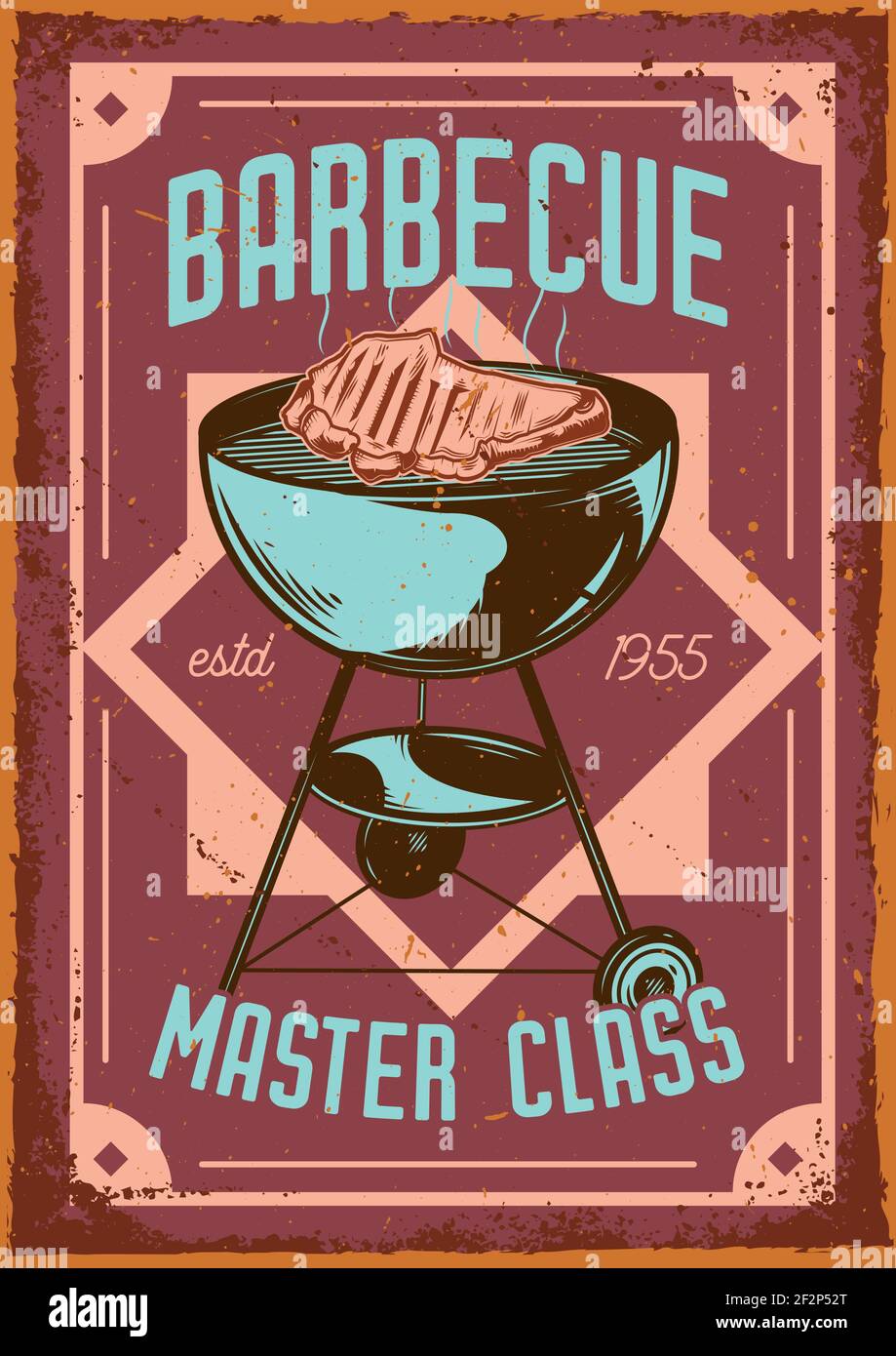Advertising poster design with illustration of a grill and meat on it ...