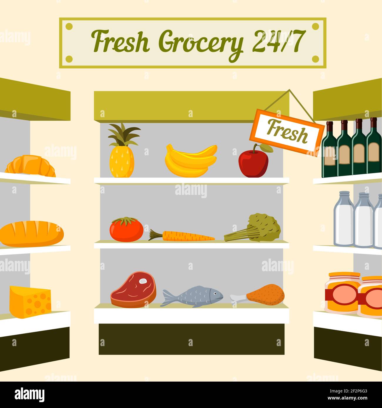 Fresh grocery foods of fruits vegetables meat chicken fish and drinks ...