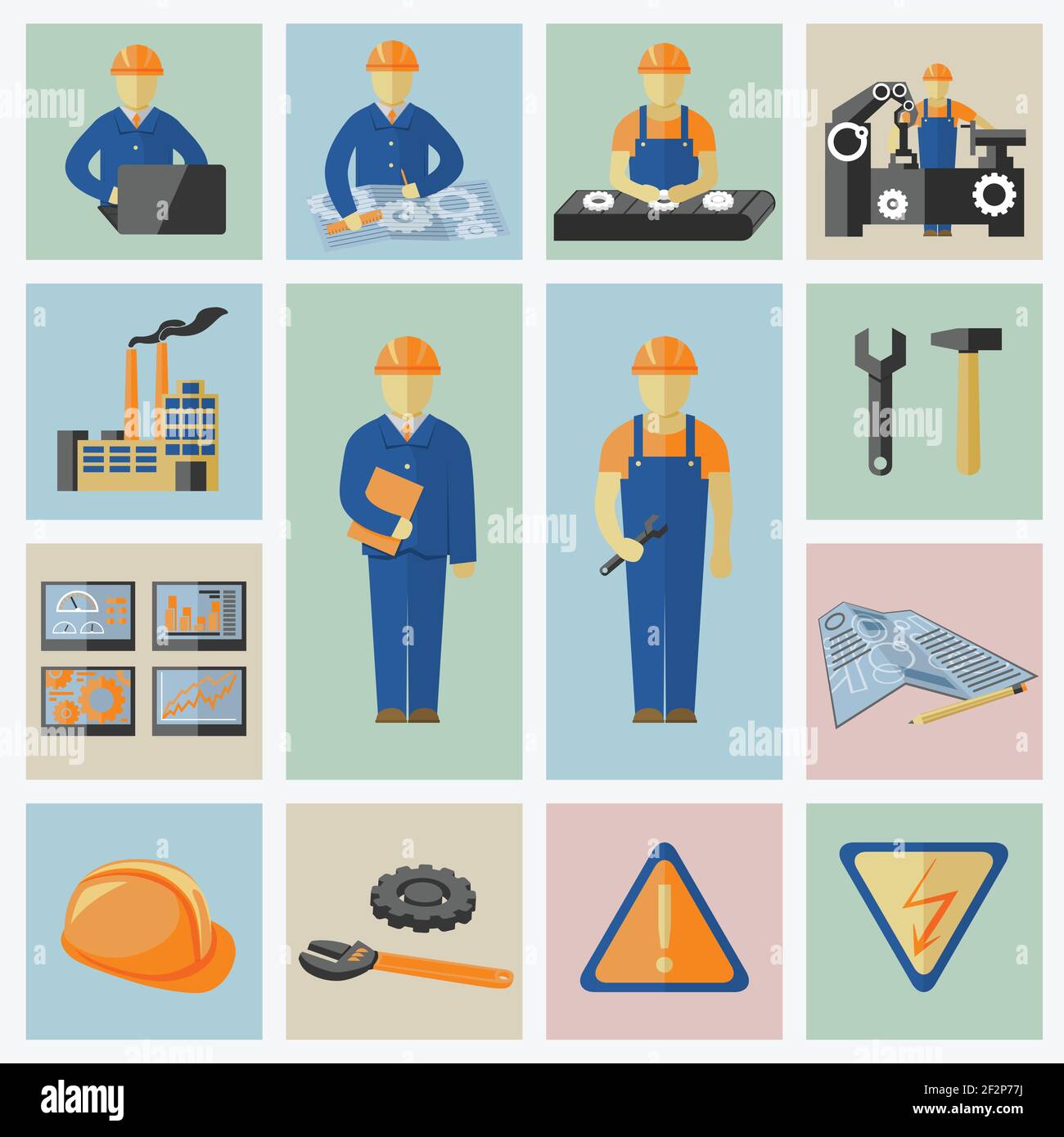 Engineering and construction icons set of workers tools computer data ...