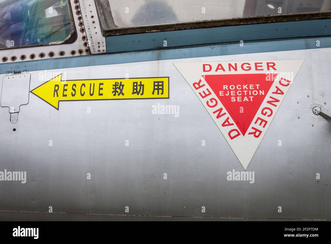 Close up detail of cockpit and warning labels on a Mitsubishi-built ...