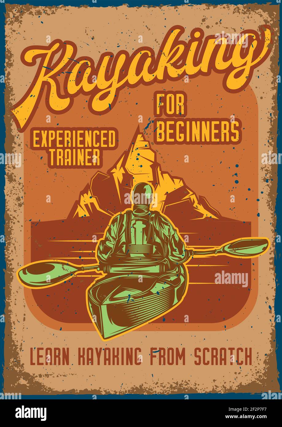 Poster design with illustration of a man in kayak on vintage background ...