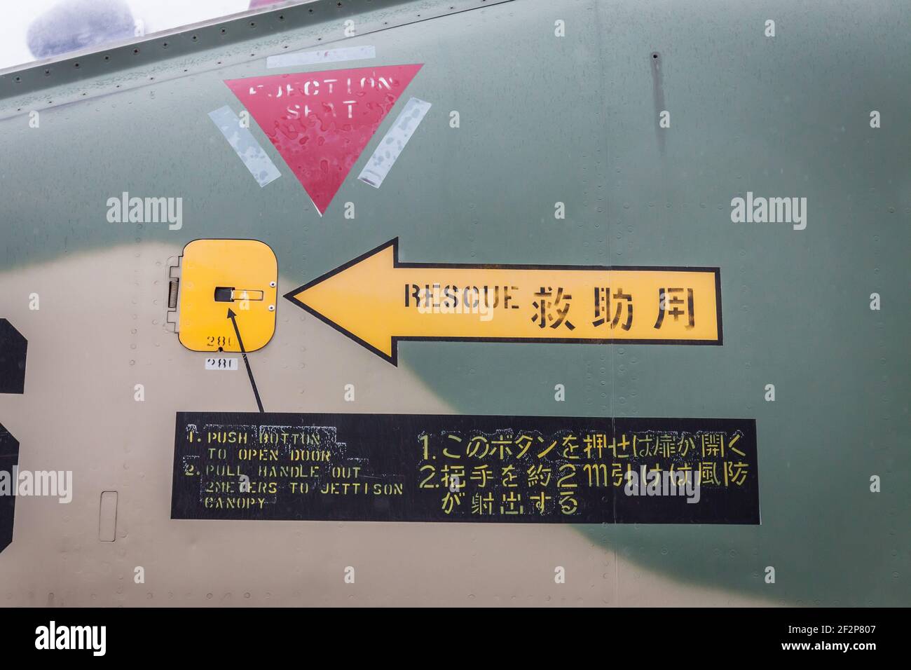 Close up of the cockpit rescue warning signs on the side of a ...