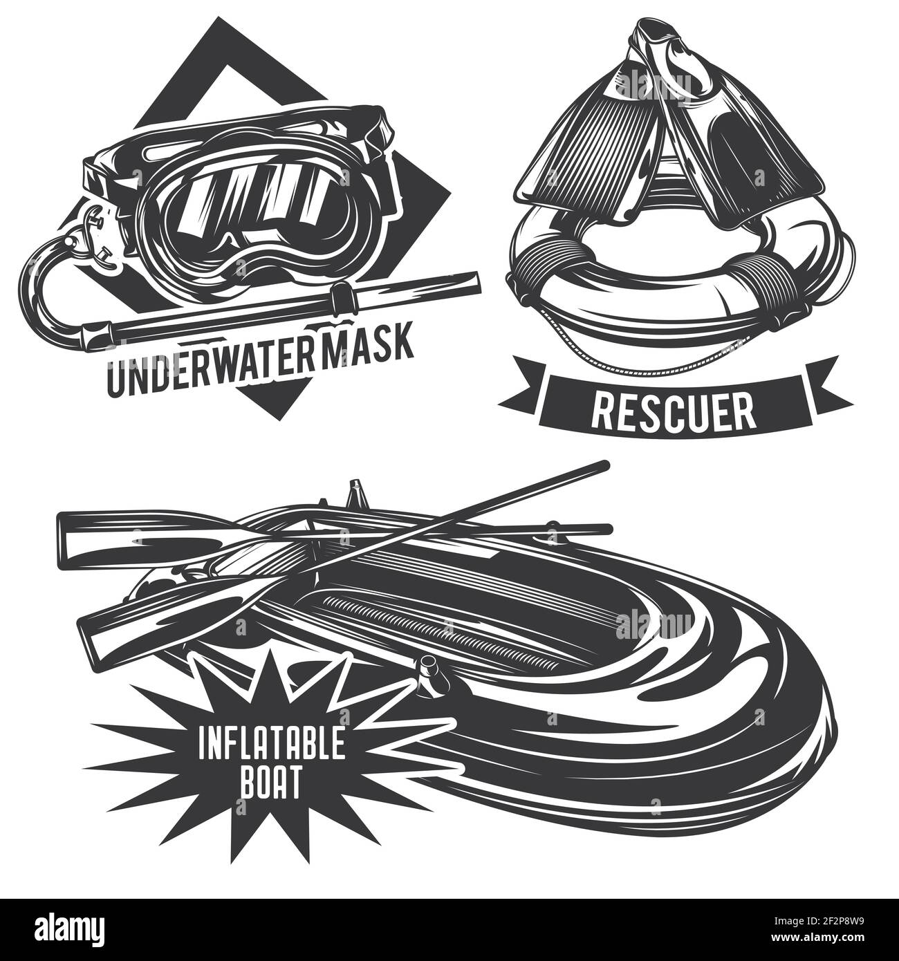 Set of diving emblems, labels, badges, logos. Isolated on white Stock ...