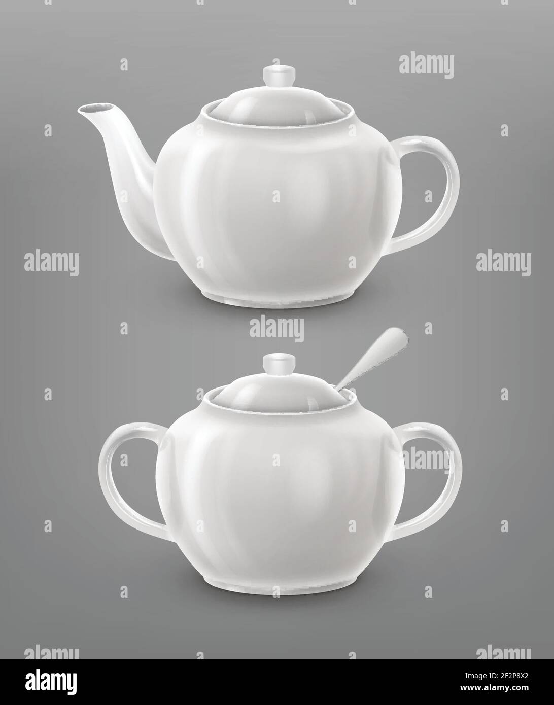 Vector teapot and sugar bowl white color. Isolated on gray background ...