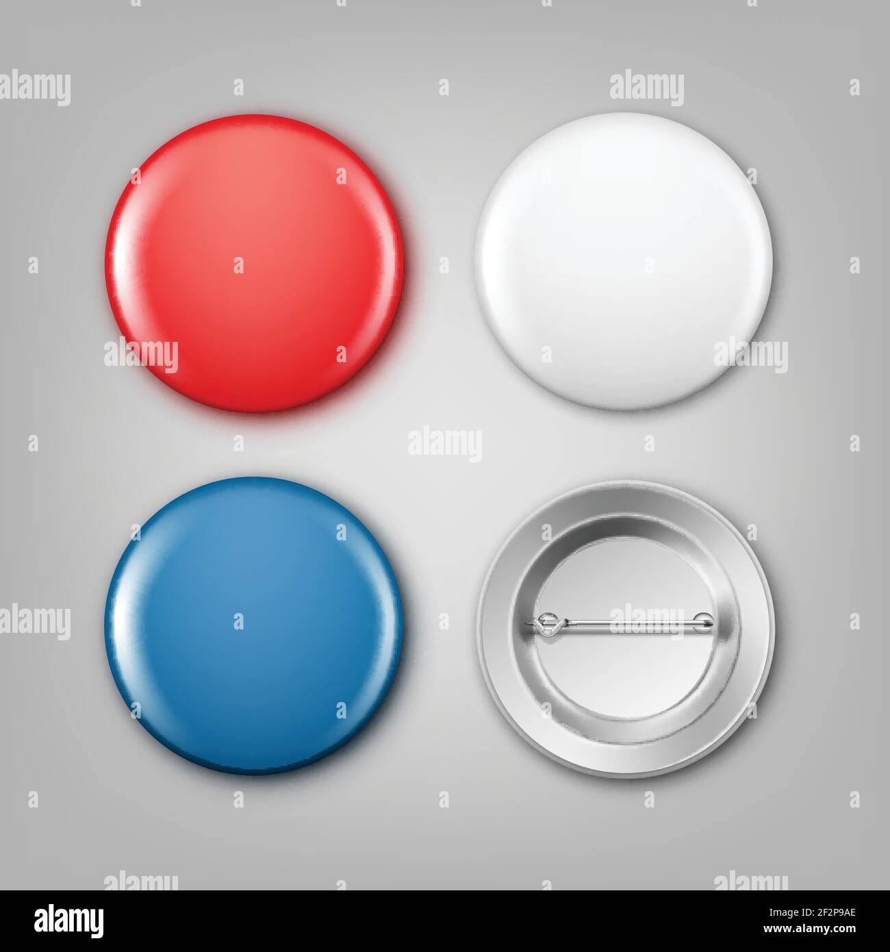 Vector realistic illustration of blank white, blue and red badges ...